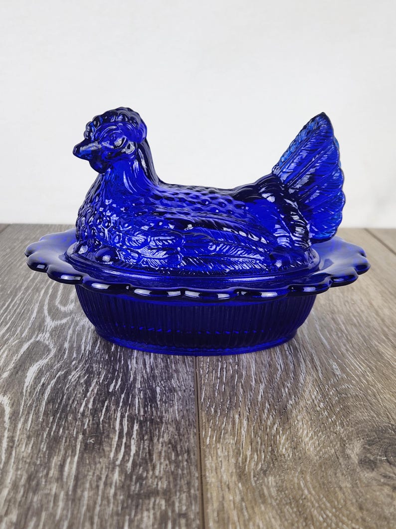 Cobalt Blue Glass Hen on Ruffled Nest - Glass Trinket Candy Dish 6.5 ...
