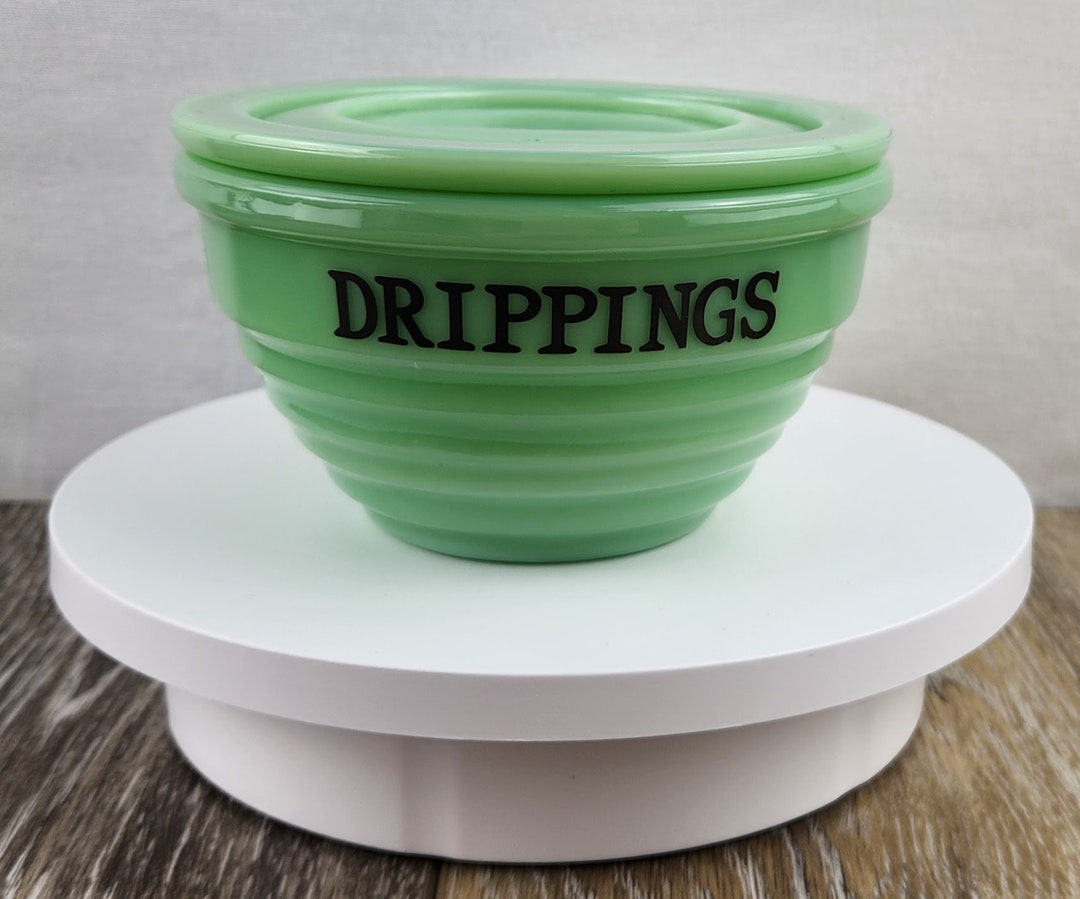 Jadeite Drippings Bowl With Lid Green Milk Glass Kitchenware - Jadeite ...
