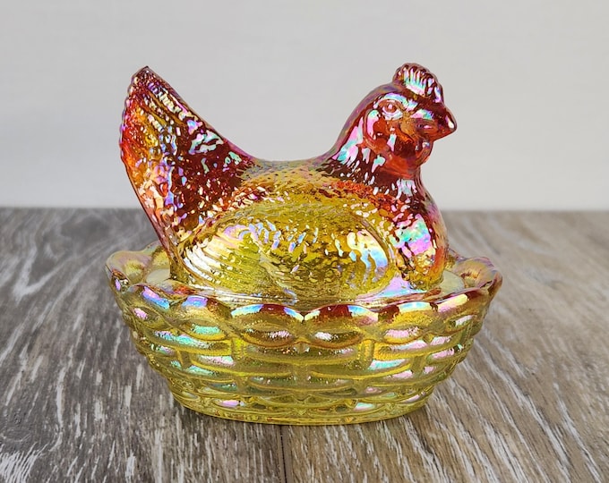 Marigold Carnival Glass Mini Hen on Nest Covered Candy Dish 3.5" -glows ...