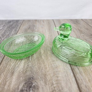 Green Vaseline Uranium Glass Style Duck hen on Nest Trinket Dish Glows ...