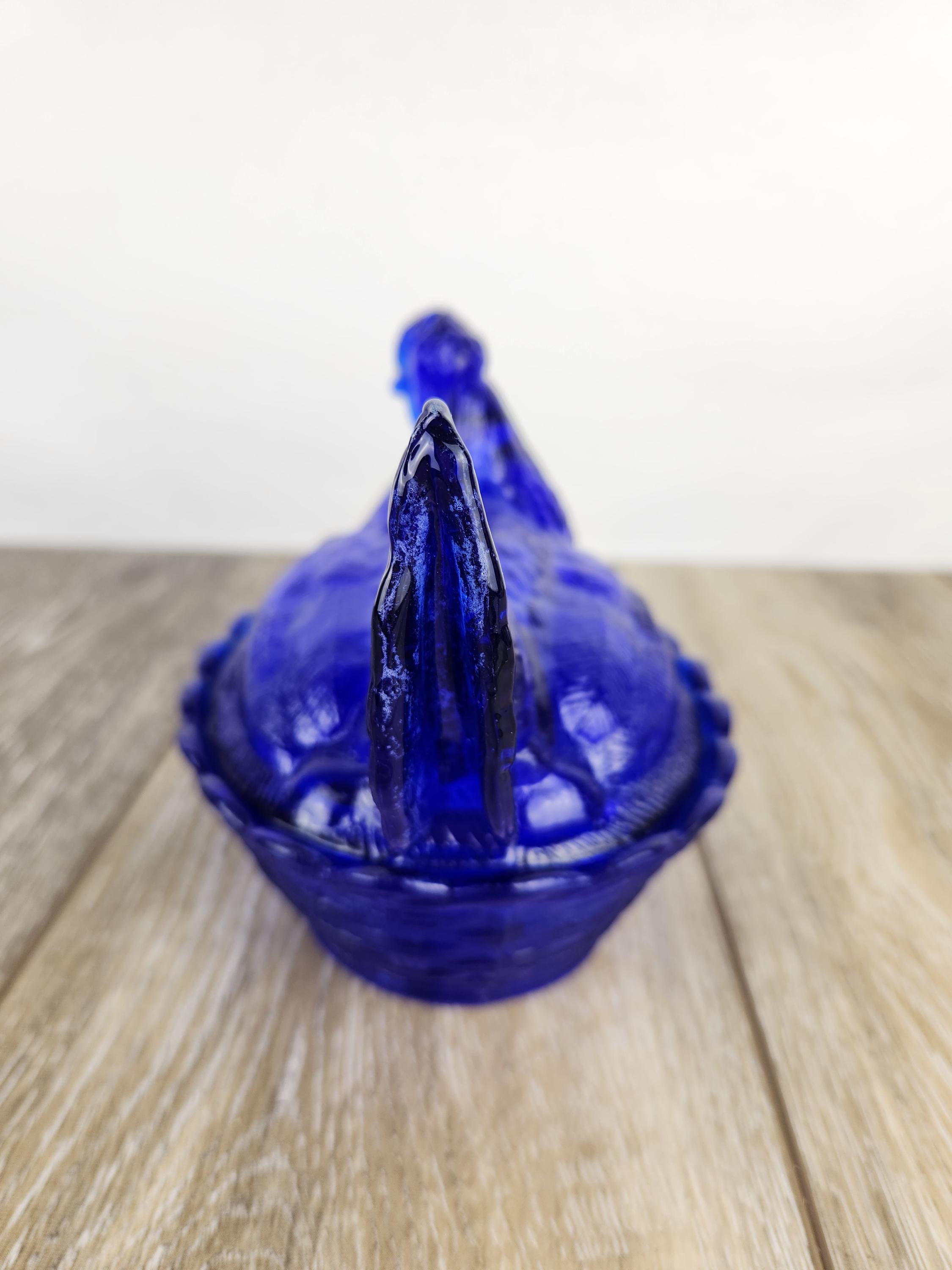 Cobalt Blue Glass Hen on Woven Nest - Chicken Candy Dish or Trinket ...