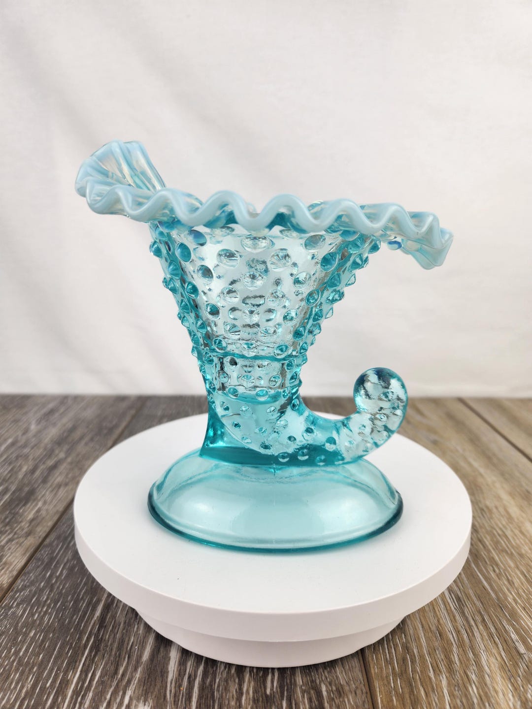 Fenton Ice Blue Opalescent Hobnail Cornucopia Vase Large 6” Vintage ...
