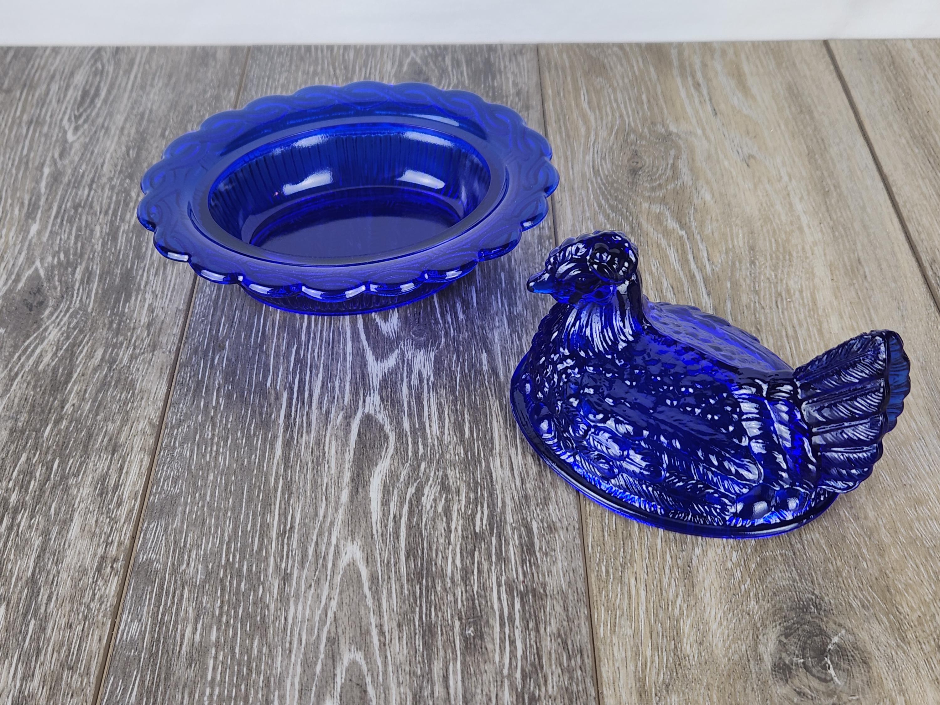 Cobalt Blue Glass Hen on Ruffled Nest - Glass Trinket Candy Dish 6.5 ...