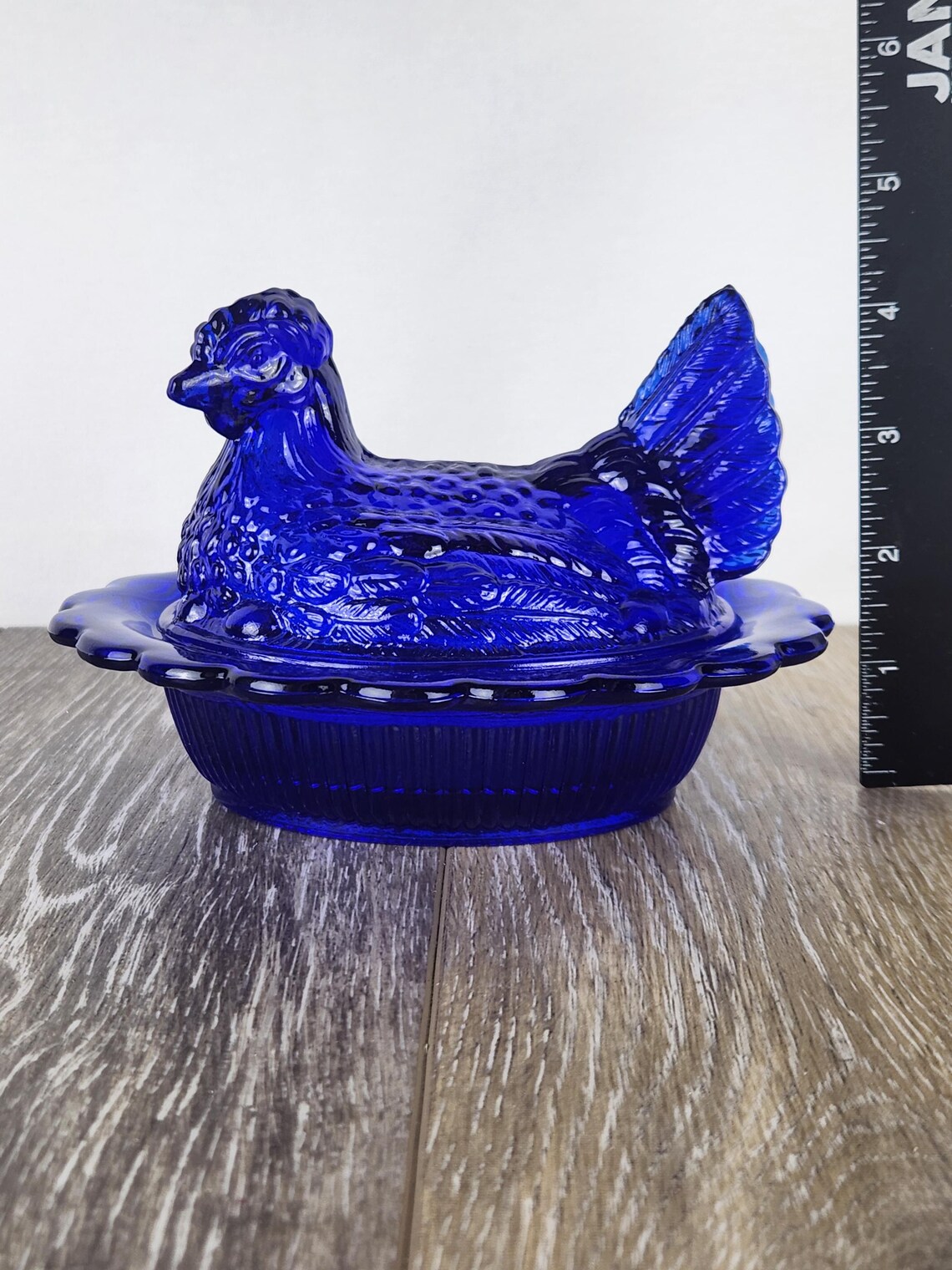 Cobalt Blue Glass Hen on Ruffled Nest - Glass Trinket Candy Dish 6.5 ...