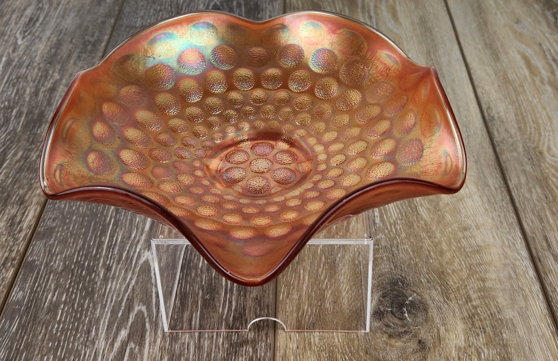 Iridescent Marigold Carnival Glass Coin Dot Ruffled Edge Candy Bowl ...