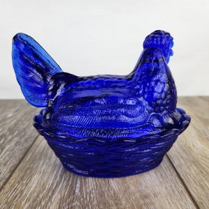 Cobalt Blue Glass Hen on Woven Nest - Chicken Candy Dish or Trinket ...
