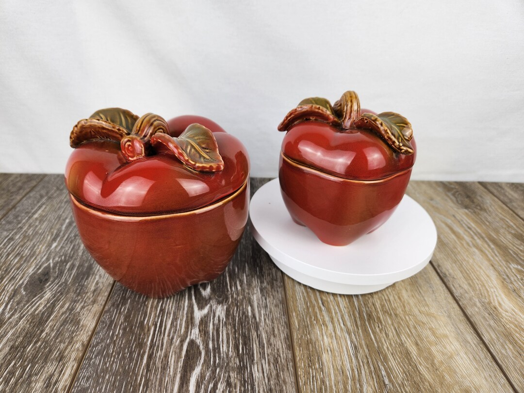 Ceramic APPLE Kitchen Canister Set Coffee Tea Sugar Cookie Jar Vintage ...