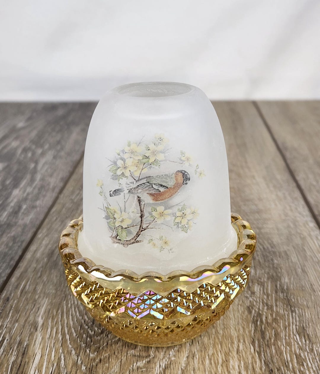 Marigold Carnival Glass Finch Fairy Lamp - 4" Elegant Bird Home Decor ...