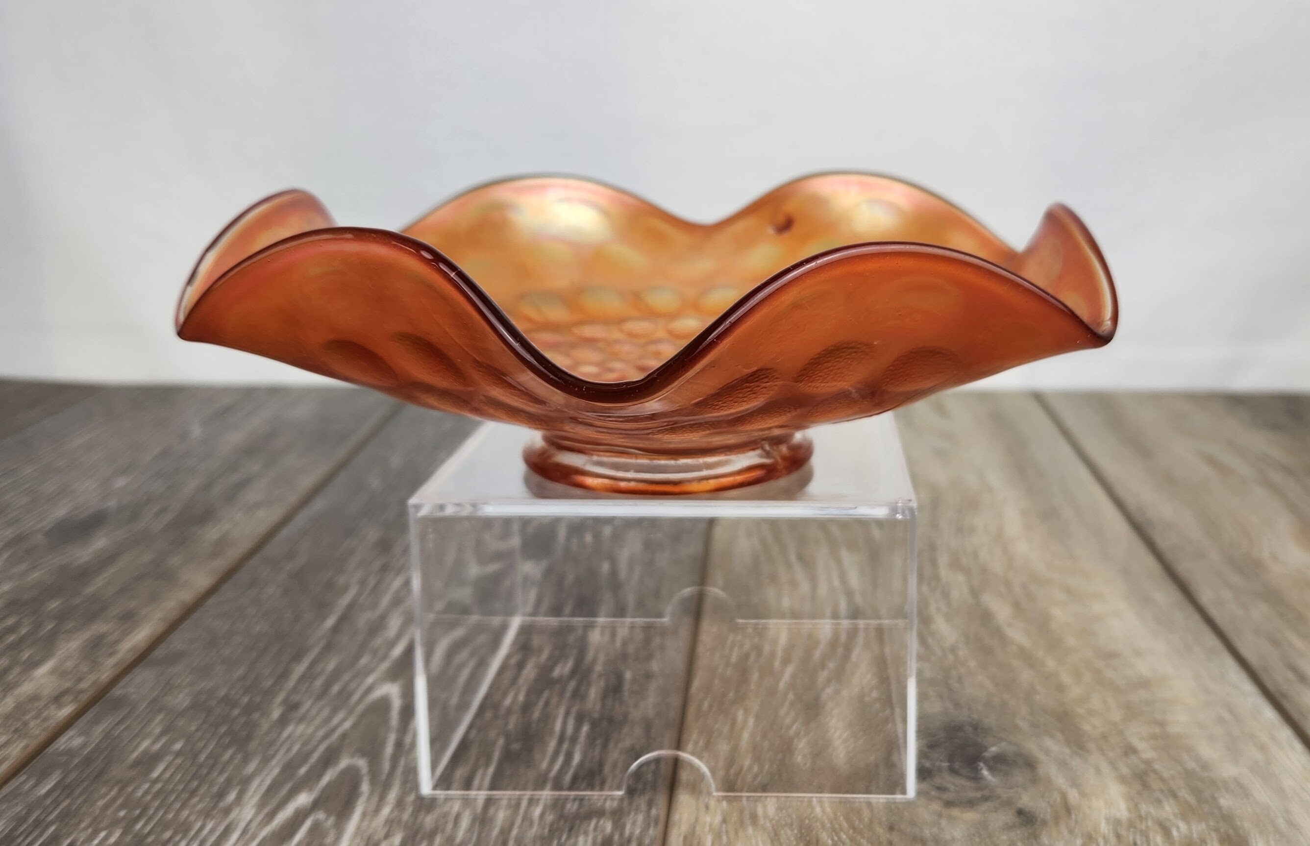 Iridescent Marigold Carnival Glass Coin Dot Ruffled Edge Candy Bowl ...