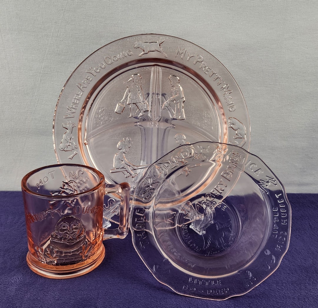 Mother Goose Nursery Rhyme Dish Set Childs Cup Bowl Plate Tiara Glass ...