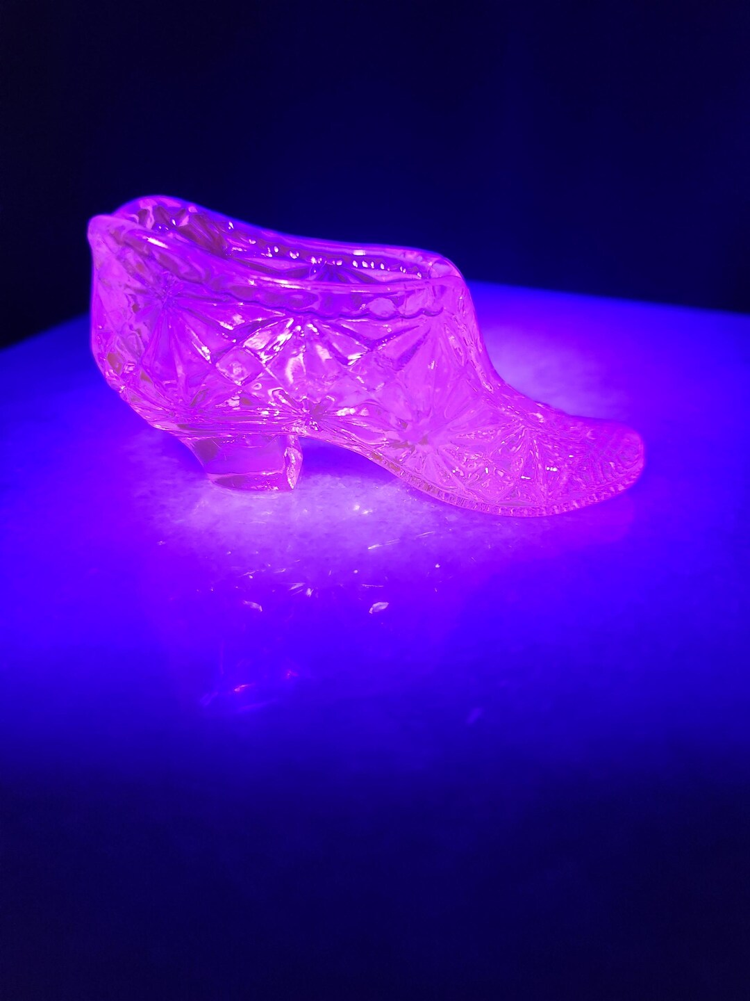 Blue Uranium Vaseline Glass Style Glass Boot Shoe Glows PINK From ...