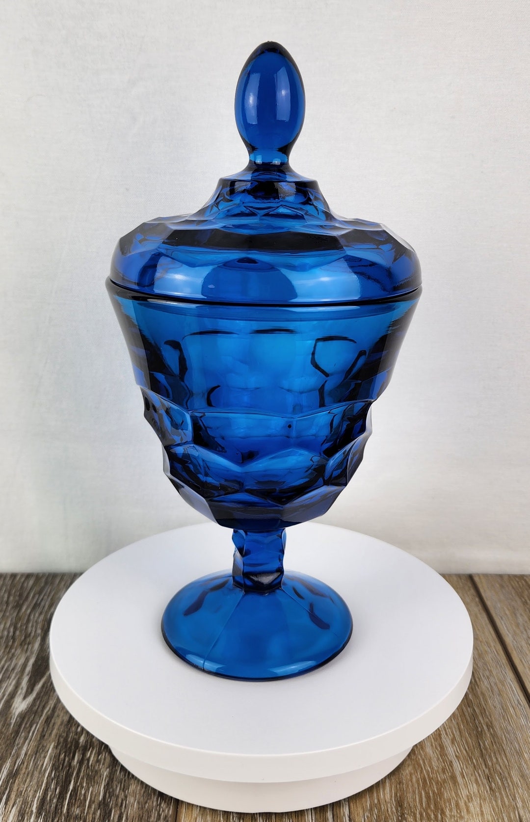 Viking Bluenique Georgian Blue Glass 9.5" Covered Compote Candy Dish - Etsy