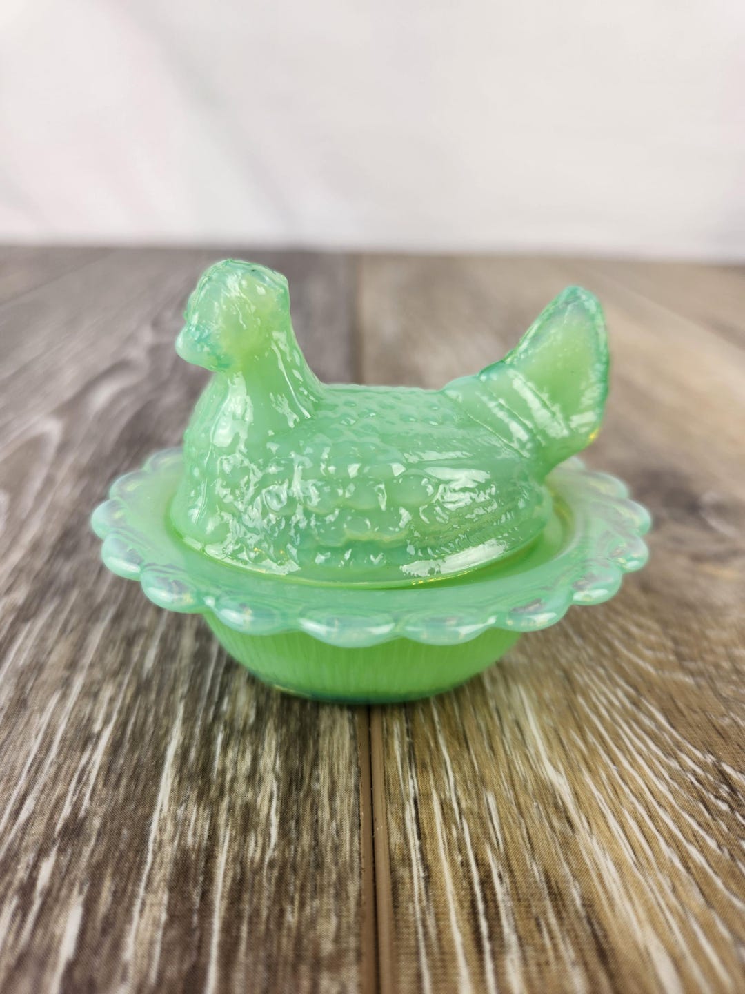 Jadeite Green Glass Hen on Nest Salt Cellar – Wide Ruffled Rim Basket ...