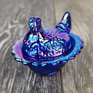 Cobalt Blue Carnival Glass Hen on Nest Salt Cellar – Ruffled Edge Glass ...