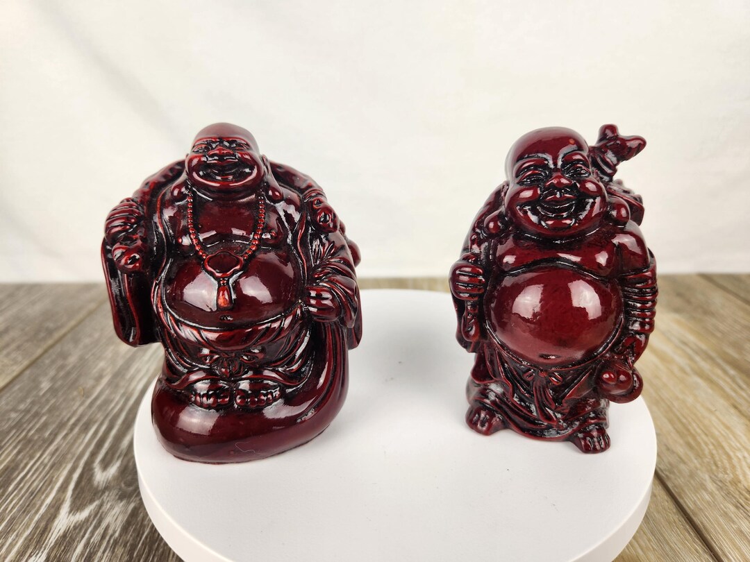 Red Laughing Buddha Resin Statues - Feng Shui Prosperity Decor - Set of ...