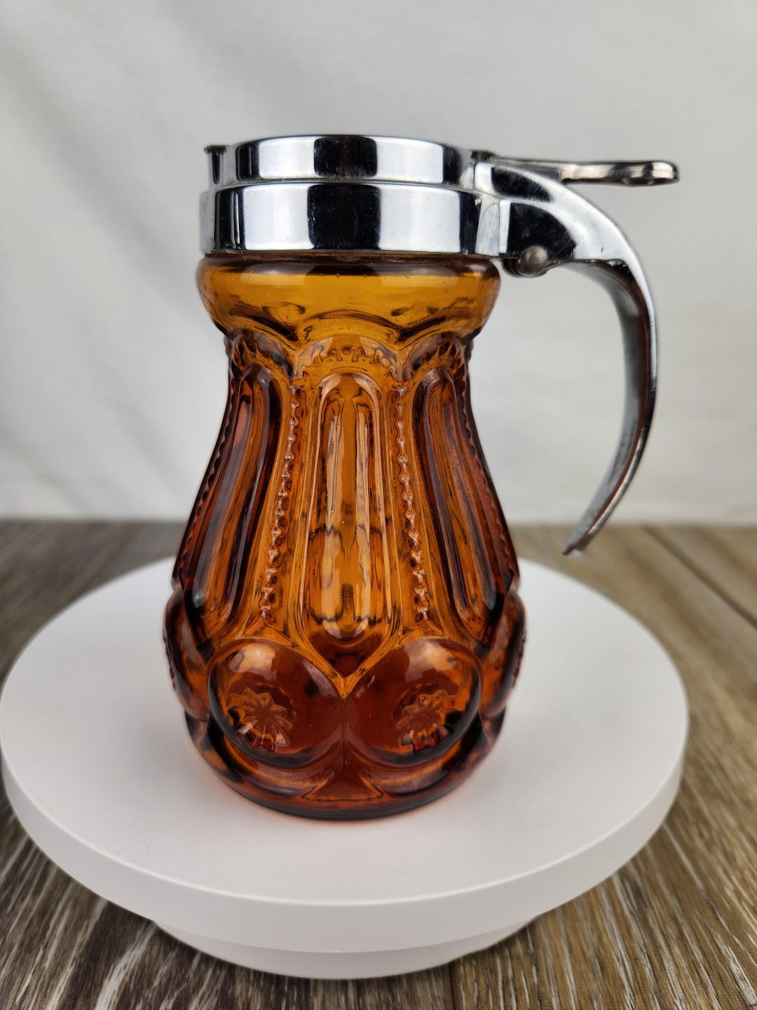 Vintage LE Smith Moon and Star Amber Glass Syrup Pitcher W/ Lid WORKS ...