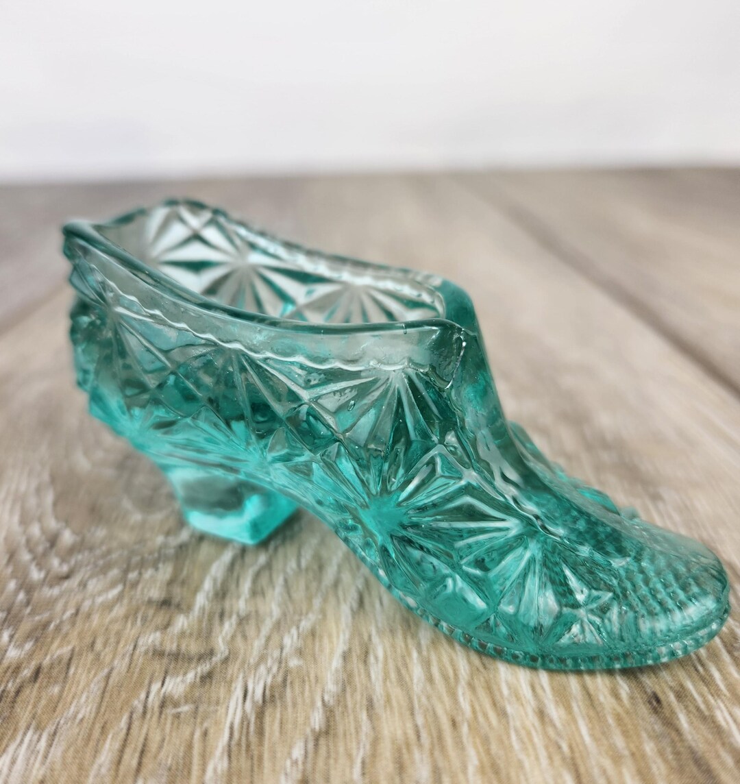 Teal Blue Uranium Vaseline Glass Style Fenton Slipper Boot - Glows ...