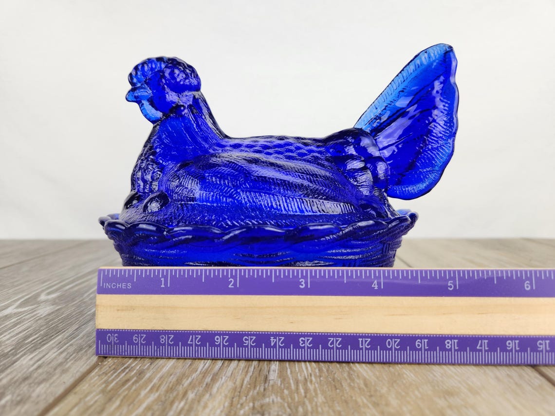 Cobalt Blue Glass Hen on Woven Nest - Chicken Candy Dish or Trinket ...