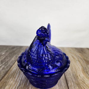 Cobalt Blue Glass Hen on Woven Nest - Chicken Candy Dish or Trinket ...