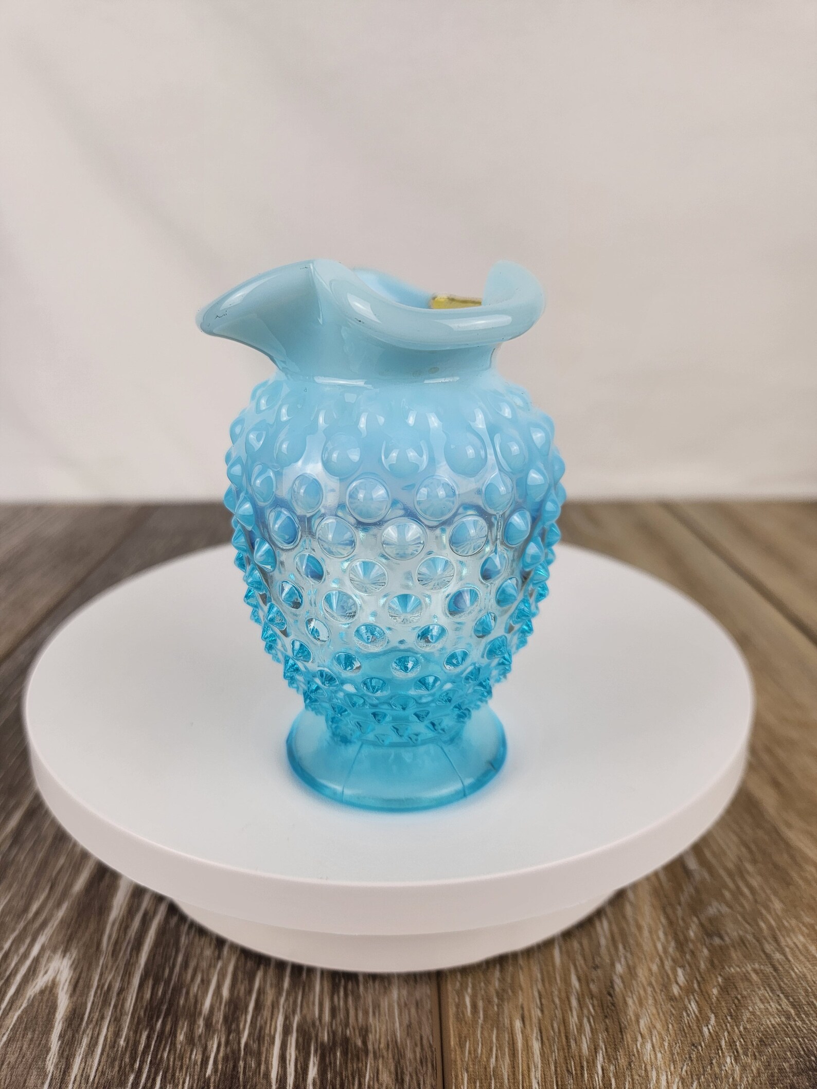 Fenton Aqua Blue Opaline Opalescent Glass Hobnail Crimp Mini Vase With ...
