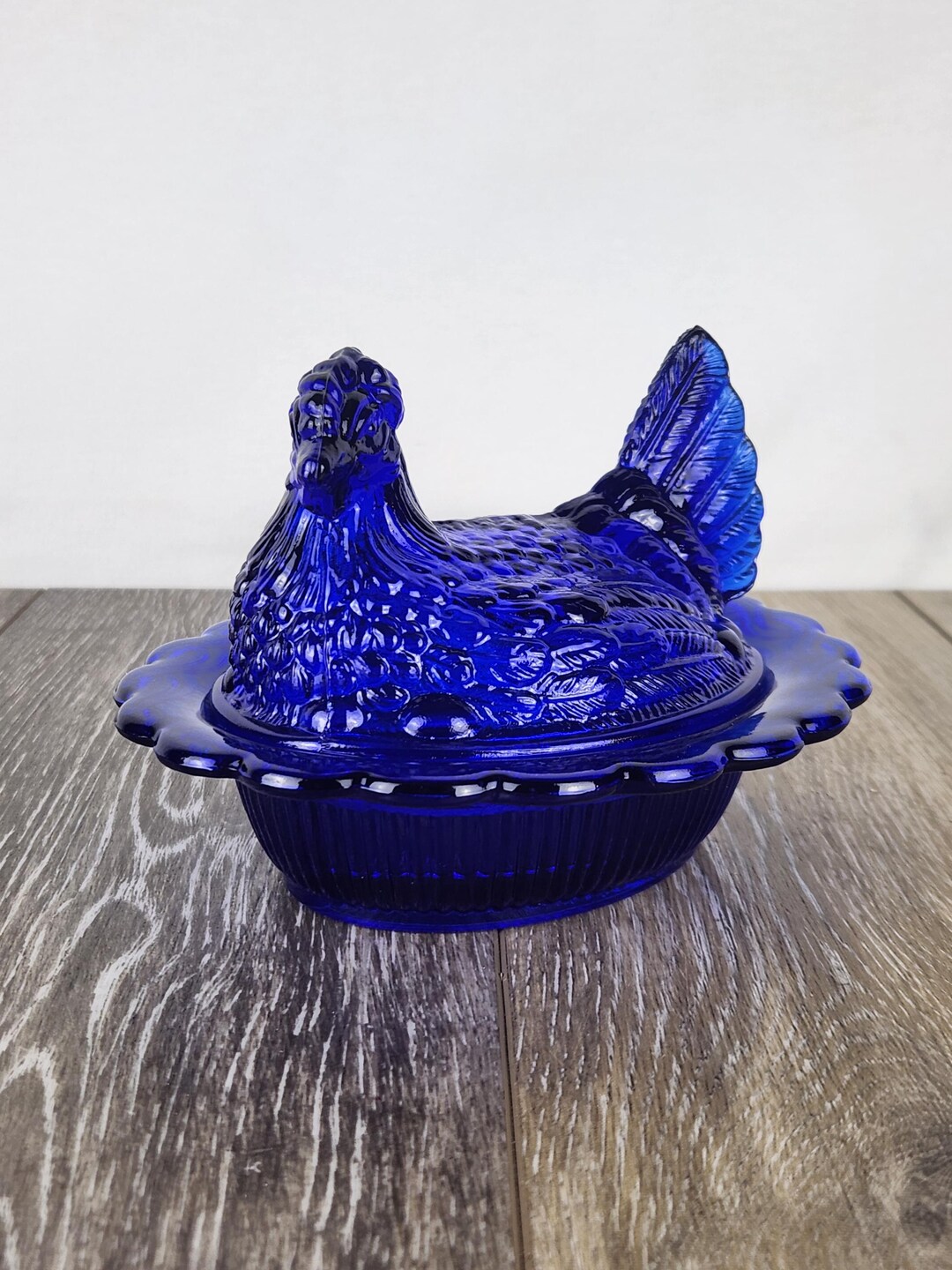 Cobalt Blue Glass Hen on Ruffled Nest - Glass Trinket Candy Dish 6.5 ...