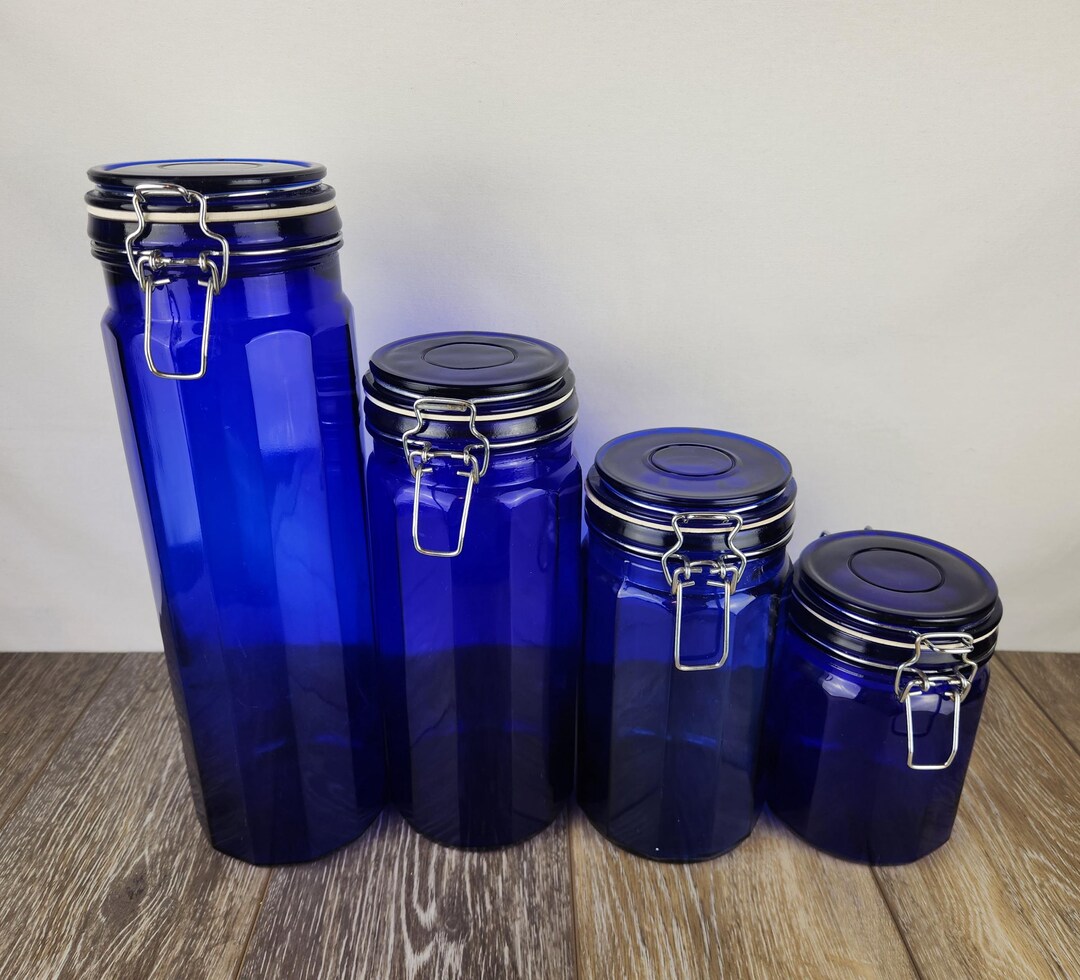 Cobalt Blue Glass Canister Set – Paneled Kitchen Storage Jars With Wire ...