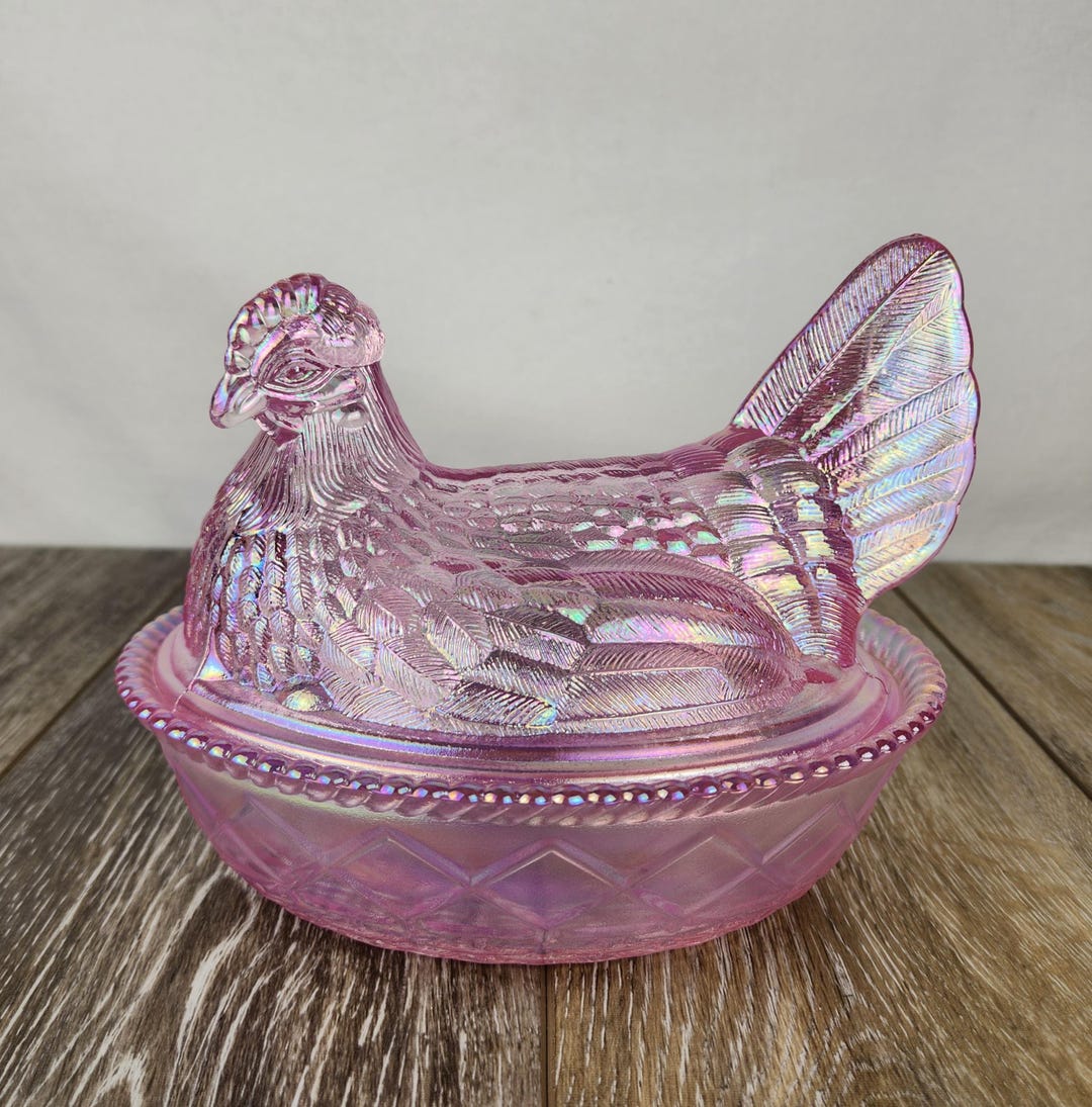 Large Rose Pink Carnival Glass Hen on Nest – Iridescent Woven Covered ...