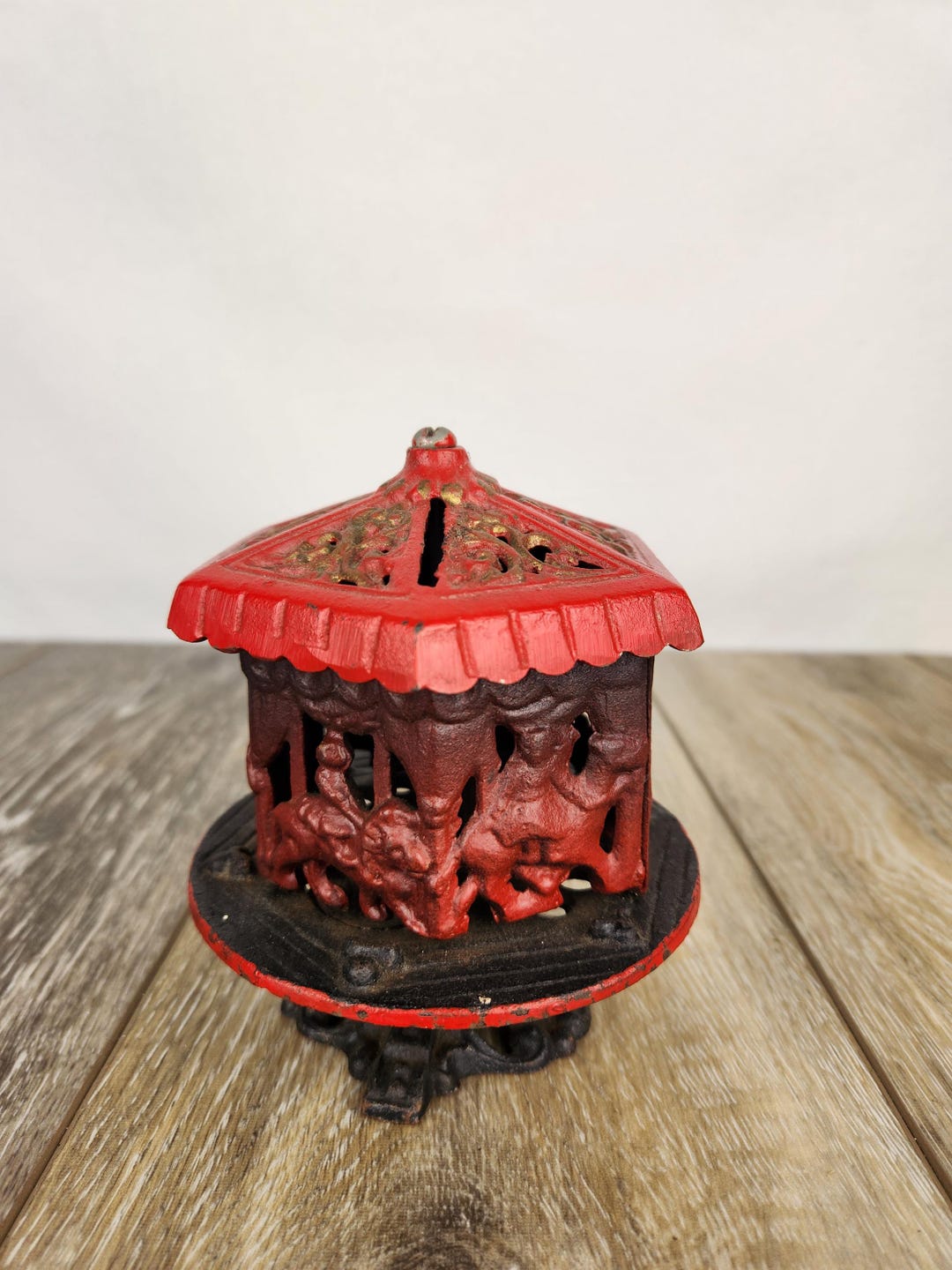 Cast Iron Carousel Coin Bank – Red & Gold Merry-go-round Spinning Horse ...