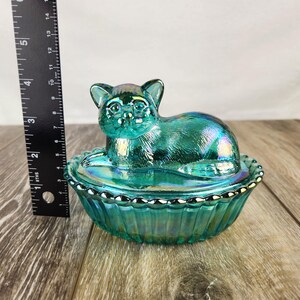 Teal Blue Carnival Glass Cat on Basket - Covered Candy Dish / Trinket ...