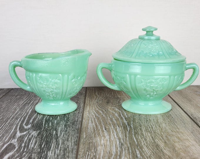 Jadeite Green Depression Glass Rose Pattern Creamer and Sugar Bowl Set ...