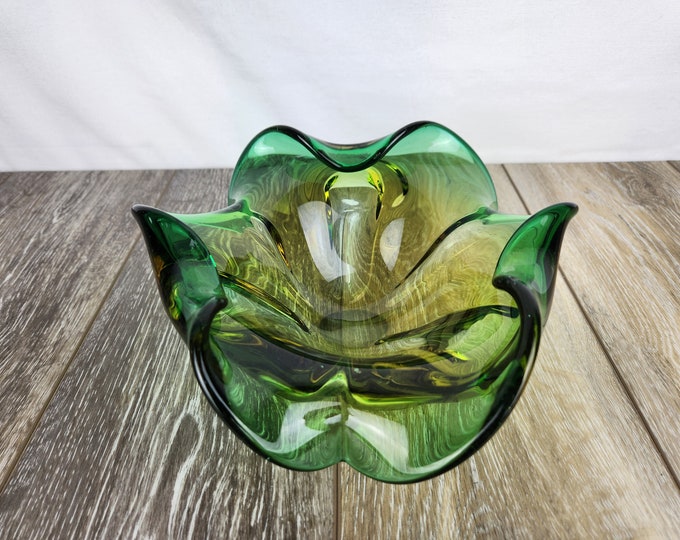 Murano Green Art Glass Bowl Decorative Heavy Green Glass Art Bowl Trinket Dish Ruffled Rim Etsy