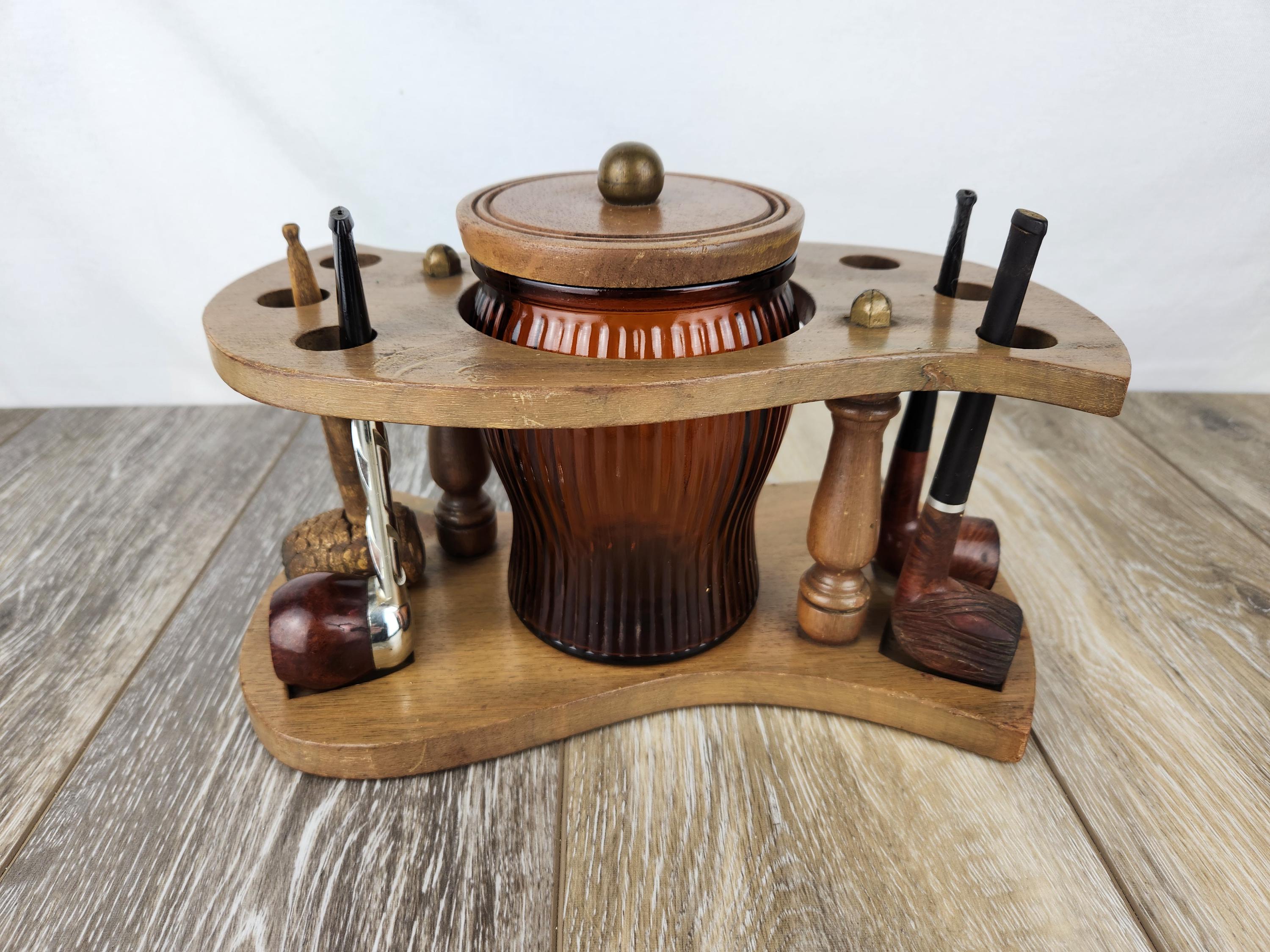 Vintage Smoking Pipe Rack Stand Holder W/ Pipes and Amber Glass Humidor ...