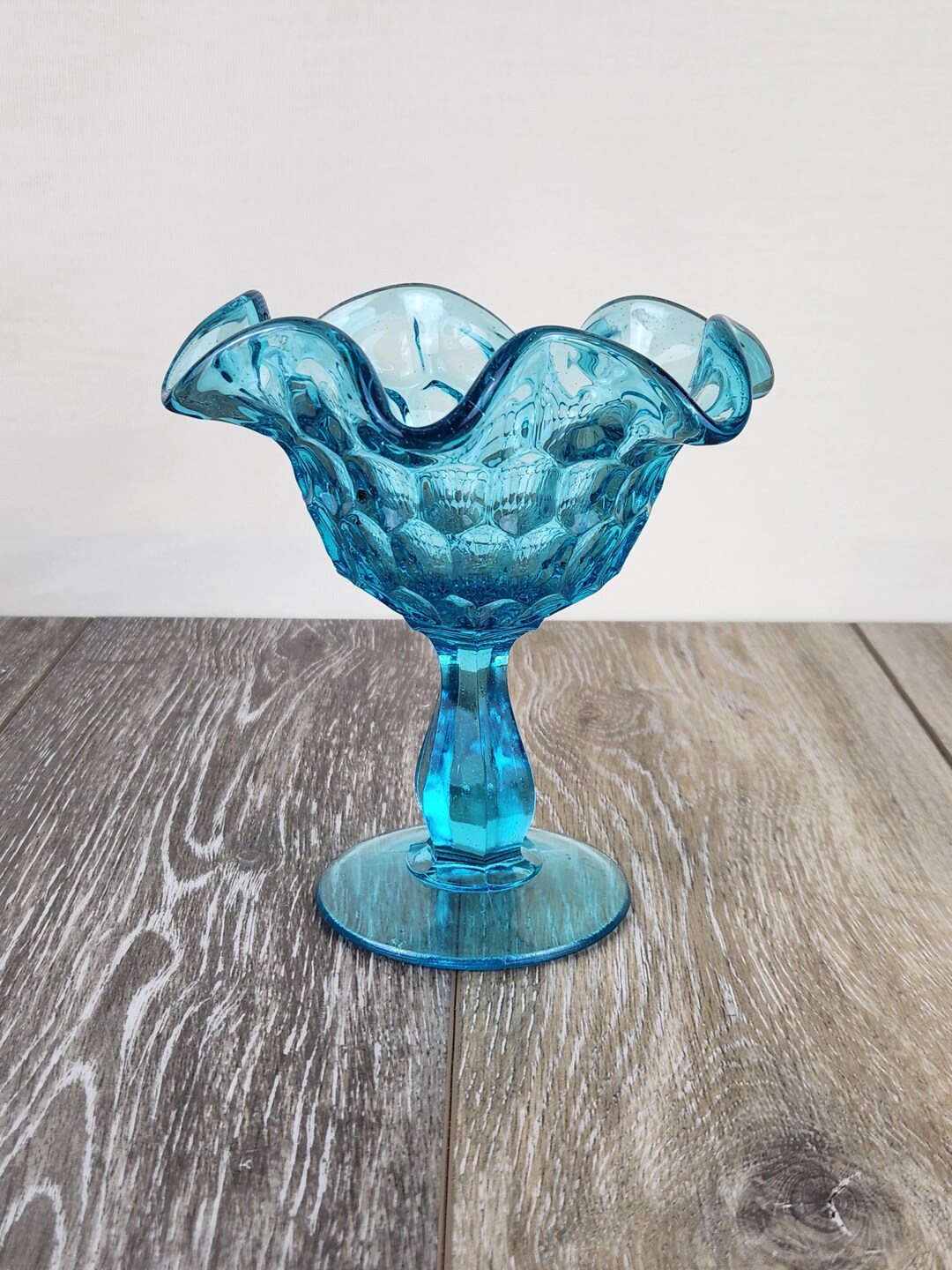 Fenton Colonial Blue Glass Thumbprint Ruffled Edge Pedestal Candy Dish ...