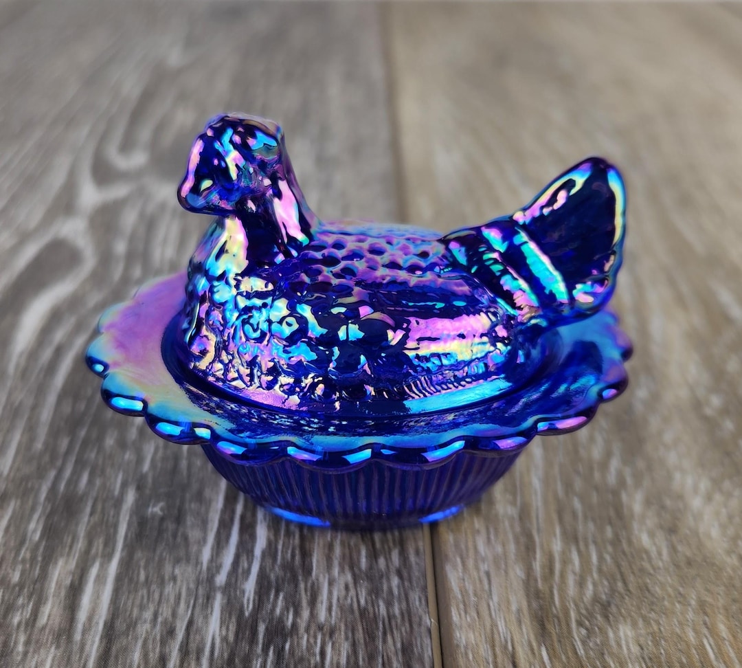 Cobalt Blue Carnival Glass Hen on Nest Salt Cellar – Ruffled Edge Glass ...