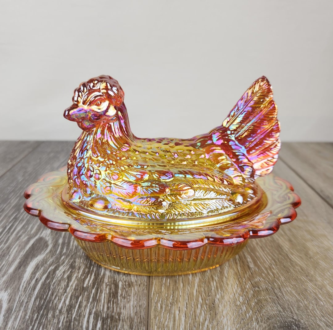 Marigold Carnival Glass Hen on Nest – Ruffled Edge Covered Dish – 6.5 ...