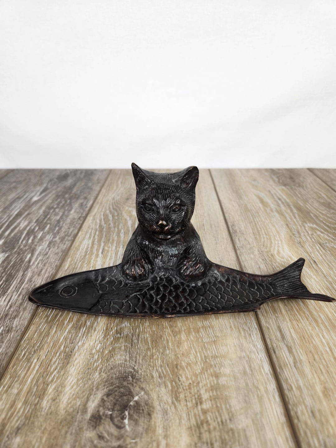 Vintage Bronze Cat Holding Fish Tray – Metal Catchall Dish Feline ...