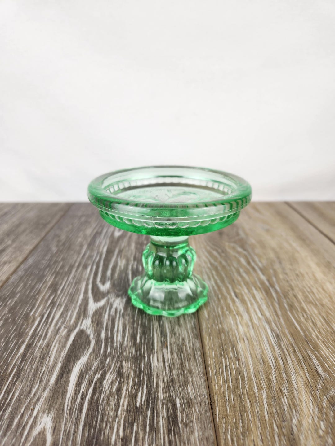 Green Depression Glass Scalloped Footed Compote Candy Dish - Embossed ...