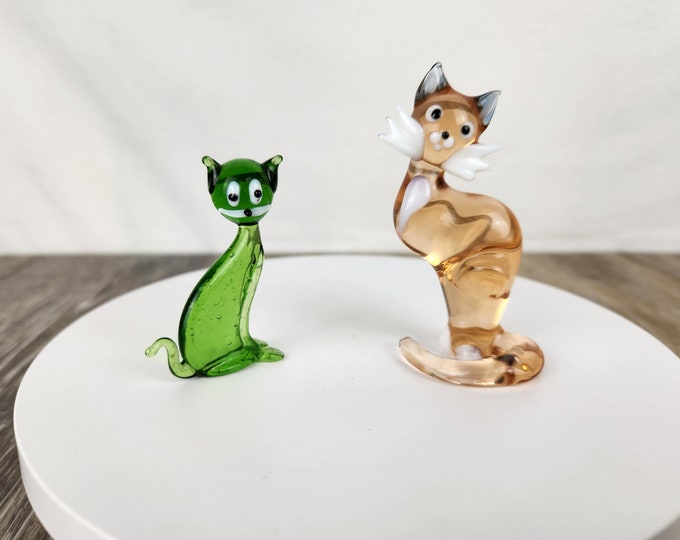 Hand-blown Art Glass Cat Figurines -green Glass Cat Peach Art Glass ...