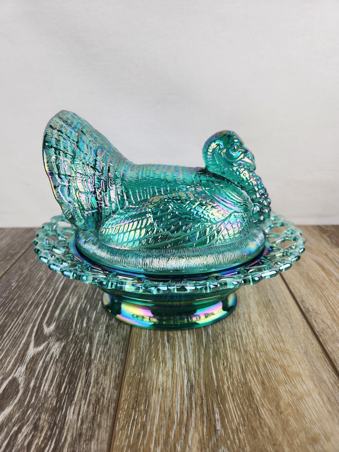 Large Teal Carnival Glass Turkey on Nest Lace Edge hen on Nest Style ...