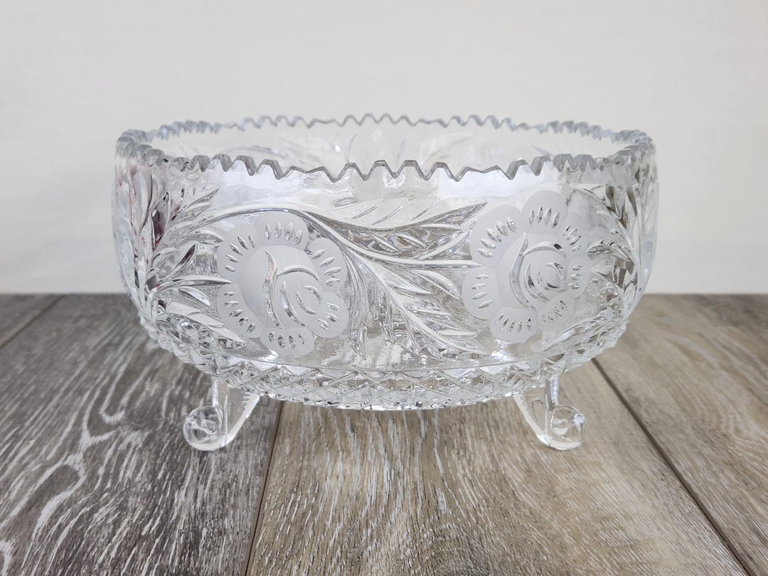Vintage Heavy Cut Crystal Etched Glass Bowl With Feet Floral Footed ...