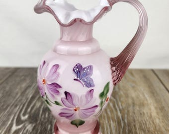 Vintage Fenton Glass Pitcher Hand Painted Asters on Dusty Rose #2266 ...