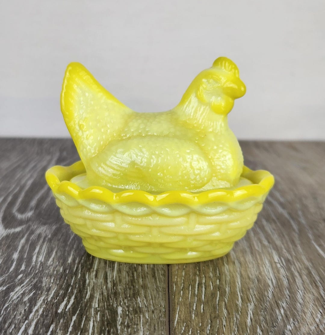 Dandelion Yellow Glass Mini Hen on Nest Covered Candy Dish 3.5" -glows ...