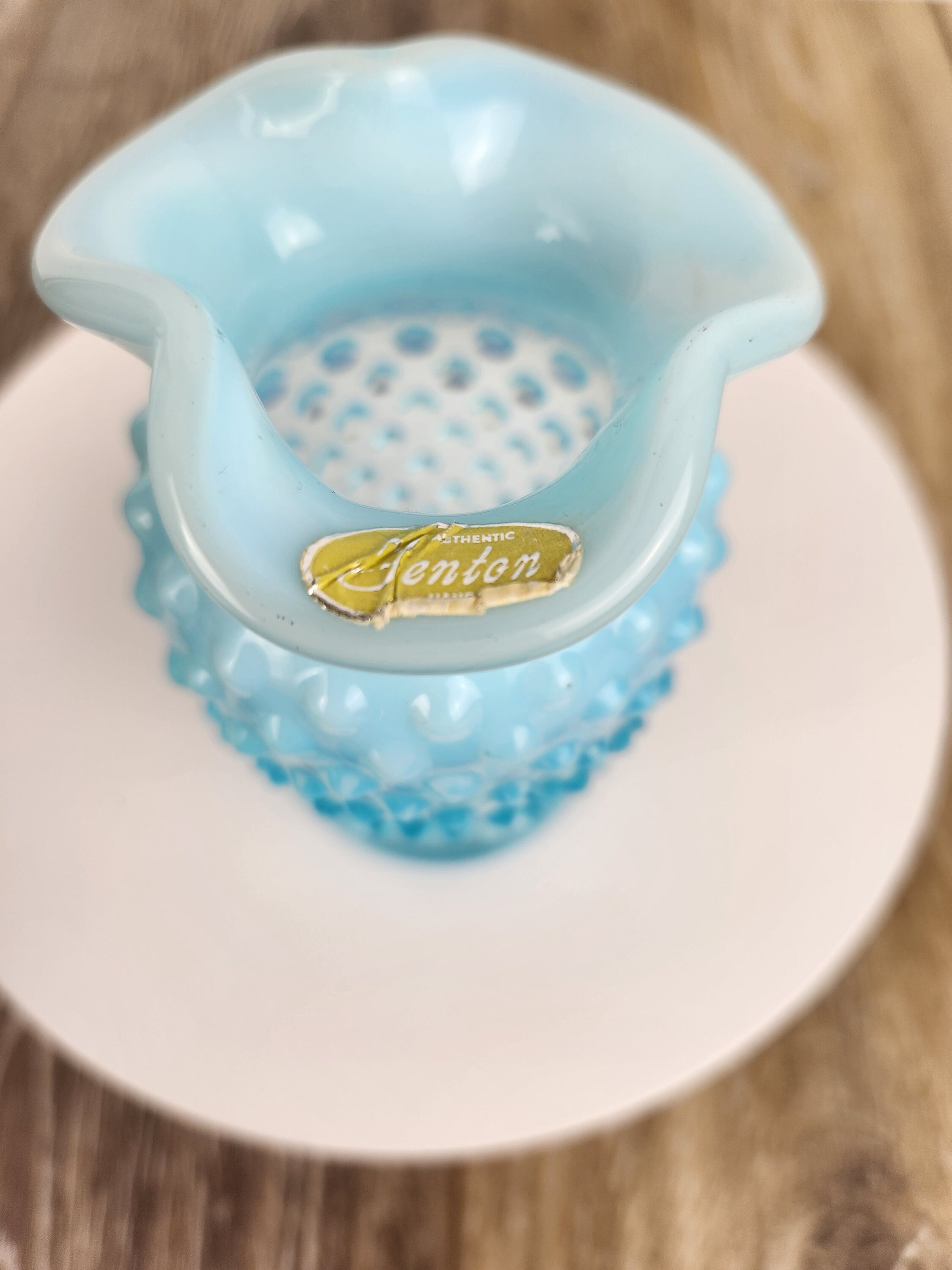 Fenton Aqua Blue Opaline Opalescent Glass Hobnail Crimp Mini Vase With ...