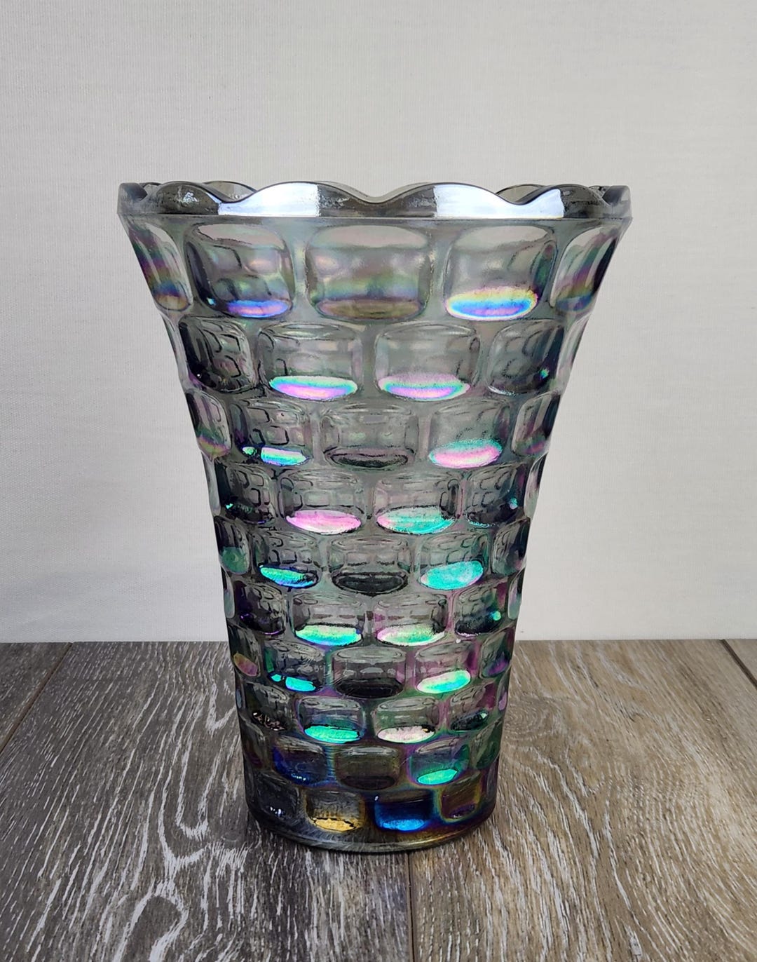 Federal Glass Smoke Gray Carnival Glass Vase – 8” Iridescent Thumbprint ...