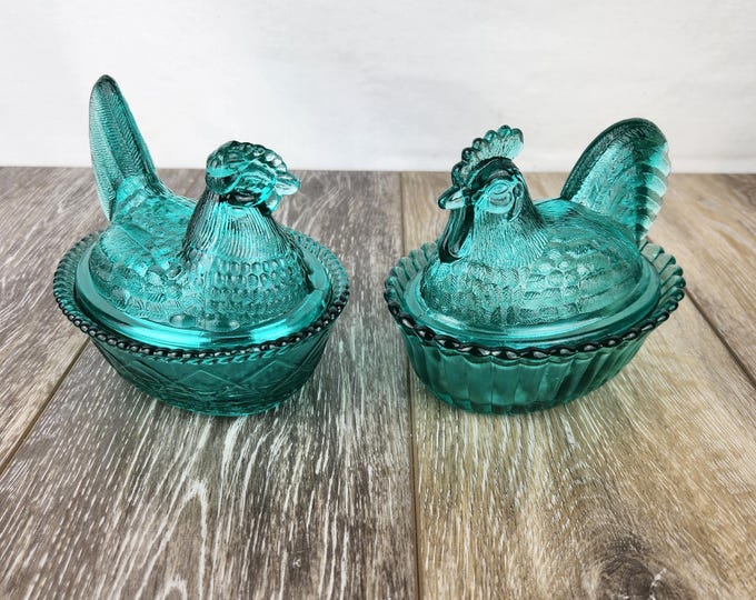 Teal Blue Glass Hen on Nest or Rooster on Basket - Chicken on Woven ...