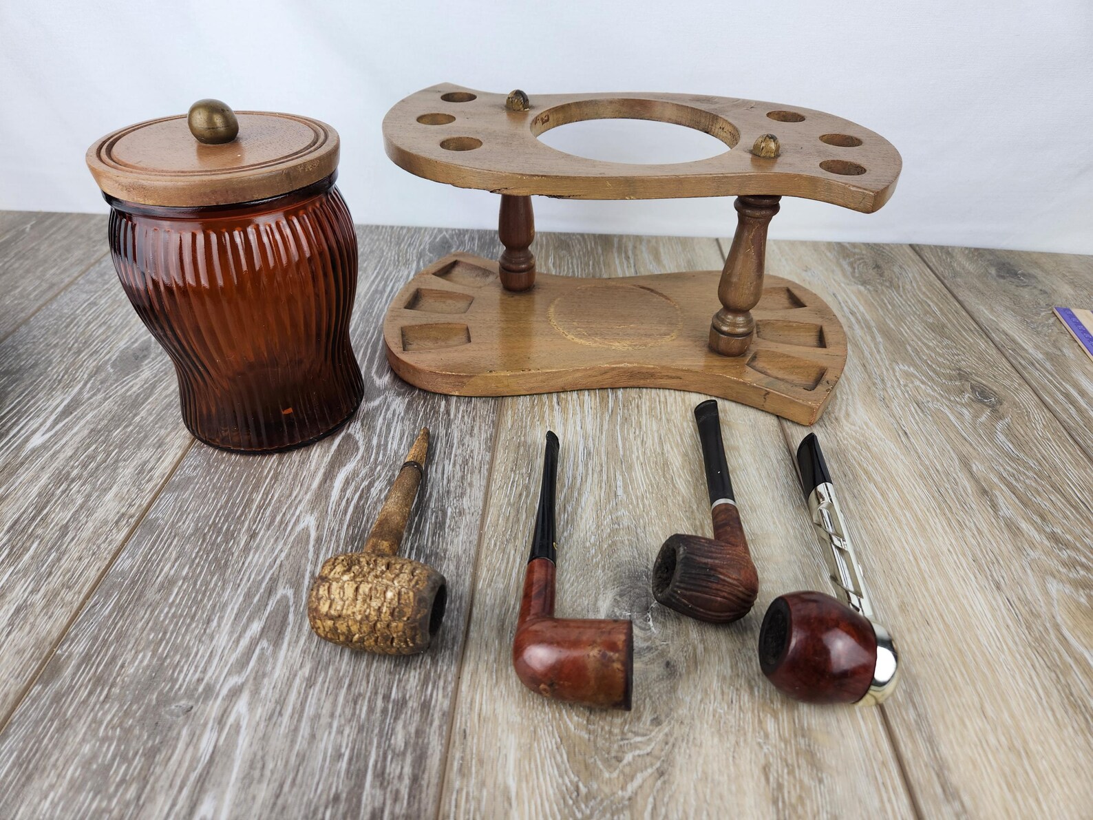 Vintage Smoking Pipe Rack Stand Holder W/ Pipes and Amber Glass Humidor ...