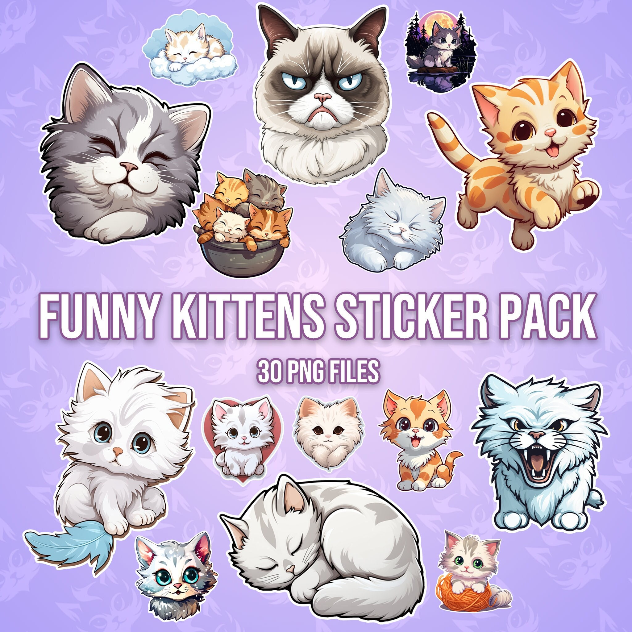 Funny Kittens Sticker Pack | 30 Pngs | Cute Cat Emojis | Playful Feline ...