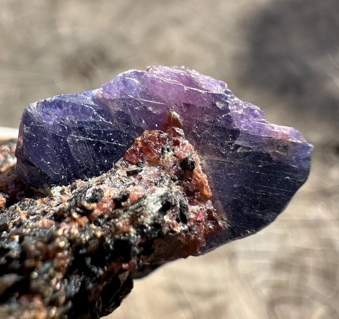 RARE Purple Sapphire With Black Mica, Red Garnet and Biotite Specimen ...