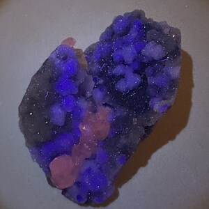 Fluorescent Mangano Calcite on Sparkling Blue Chalcedony Cabinet Sized ...