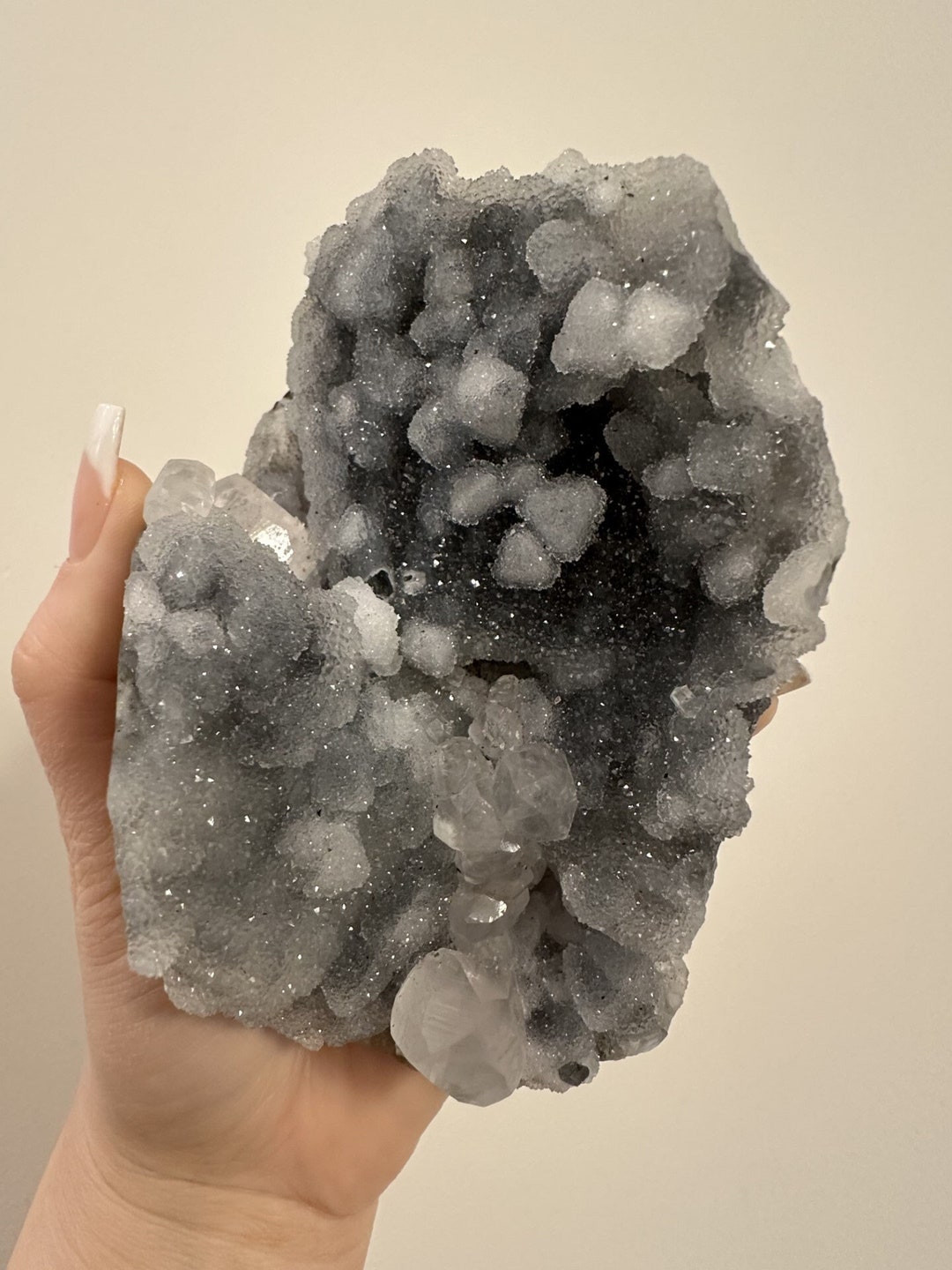 Fluorescent Mangano Calcite on Sparkling Blue Chalcedony Cabinet Sized ...